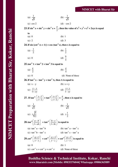 Mca Nimcet 2023 Inverse Trigonometric Functions Assignment For Preparation Medical Math
