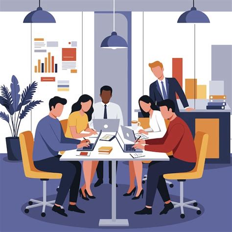 Flat Vector Illustration Diverse Team Collaborating In A Modern Office Creative Brainstorming
