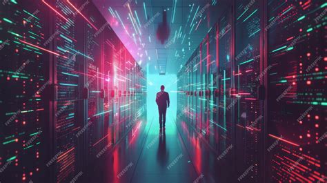 Man Standing In Server Room Of Large Data Center Computer Engineering And Big Data Concept