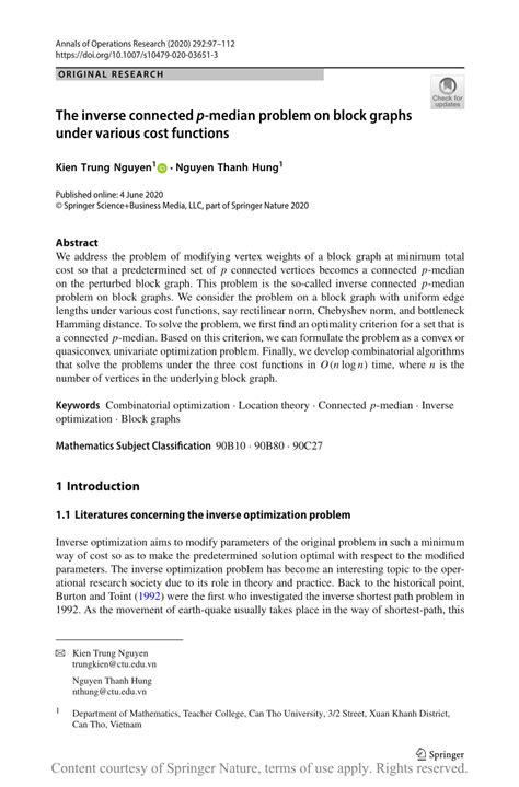 The Inverse Connected P Median Problem On Block Graphs Under Various Cost Functions Request Pdf