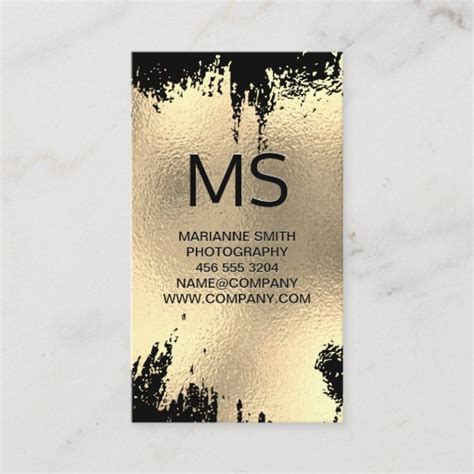 Monogram Gold Foil Spatter Black Background Business Card