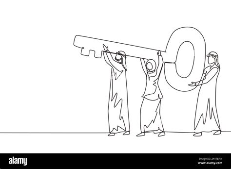 single one line drawing arabian business team holding and carrying big key to unlock the lock