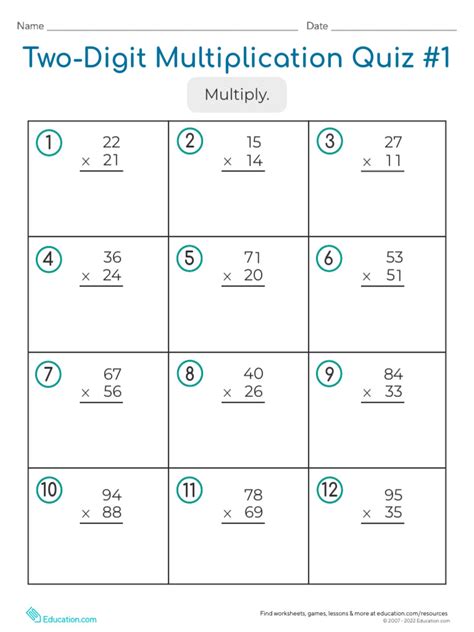 Two Digit Multiplication Quiz 1 Pdf