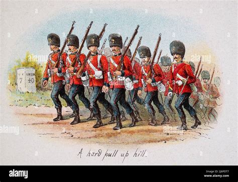Victorian British Army Infantry Marching Up Hill Bearskin Hats 1890s 19th Century Stock