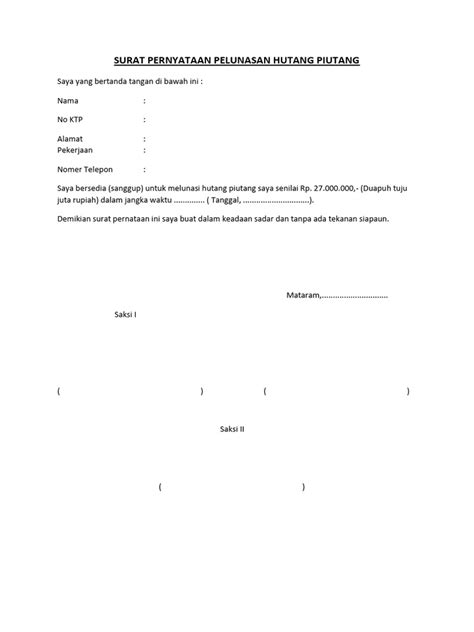 Surat Pernyataan Pelunasan Hutang Piutang Pdf