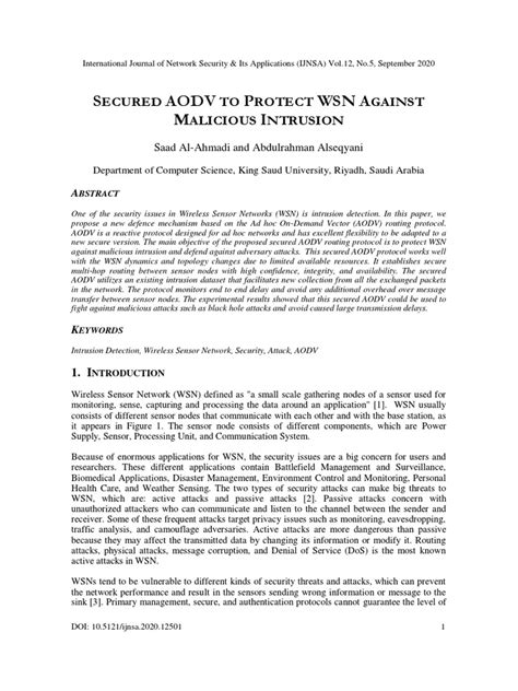 Secured Aodv To Protect Wsn Against Malicious Intrusion Pdf Routing Wireless Sensor Network