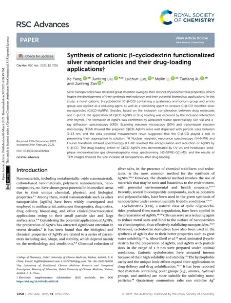 Pdf Synthesis Of Cationic β Cyclodextrin Functionalized Silver Nanoparticles And Their Drug