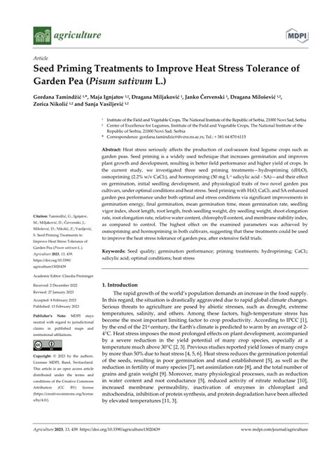 Pdf Seed Priming Treatments To Improve Heat Stress Tolerance Of Garden Pea Pisum Sativum L