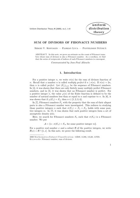 PDF Sum Of Divisors Of Fibonacci Numbers