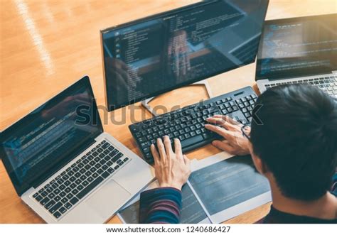Professional Development Programmer Working Programming Website Stock