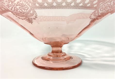 Pink Depression Glass Bowl W Etched Garland And Scalloped Band On Rim Pedestal Fruit Bowl