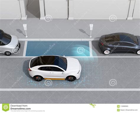 Autonomous Suv Is Parallel Parking Into Parking Lot At Roadside Stock