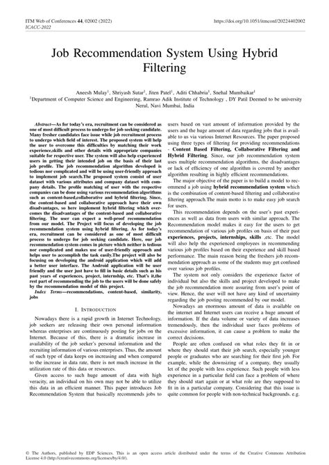 Pdf Job Recommendation System Using Hybrid Filtering