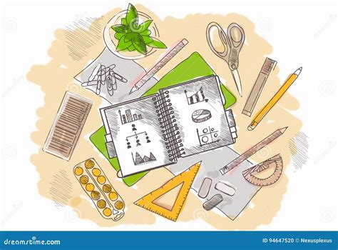 Drawn Image Of Work Table With Objects Stock Illustration