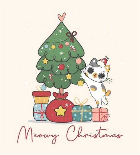 Premium Vector Cute Naughty Calico Kitten Cat Decorating A Christmas Tree