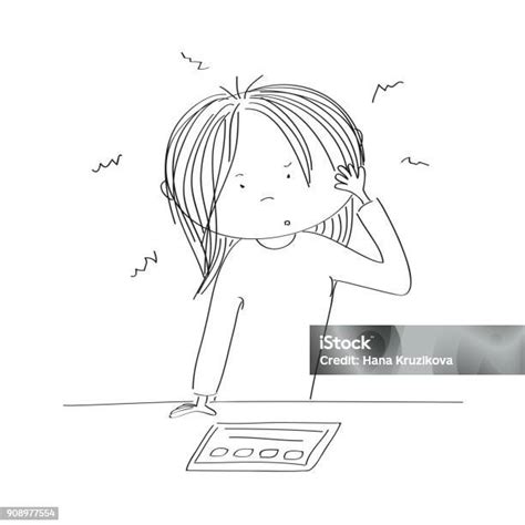 테이블 뒤에 서 고 태블릿원래 손으로 그린 그림을 보고 의아해 젊은 여자 계획에 대한 스톡 벡터 아트 및 기타 이미지 계획