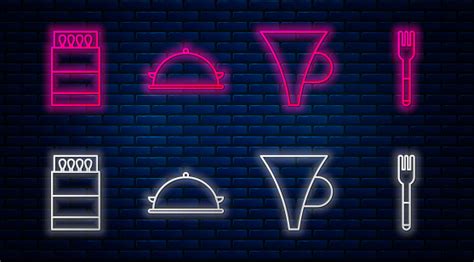 설정 라인 음식 깔때기 또는 필터의 트레이로 덮여 성냥갑을 열고 일치하고 포크 벽돌 벽에 빛나는 네온 아이콘입니다 벡터 0명에 대한 스톡 벡터 아트 및 기타 이미지 Istock