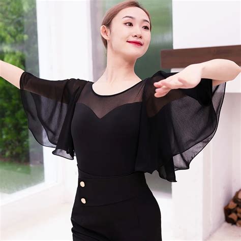 여성용 라틴 댄스 의상 성인 볼룸 댄스 상의 연습복 플레어 슬리브 블랙 셔츠 모던 왈츠 의상 상의라틴어 Aliexpress