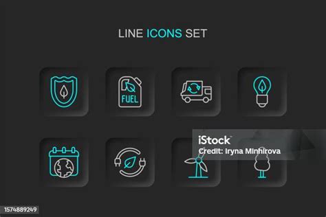 라인 트리 풍력 터빈 전기 절약 플러그 잎 세계 지구의 날 전구 쓰레기 트럭 바이오 연료 용기 및 방패 아이콘을 설정합니다 벡터 0명에 대한 스톡 벡터 아트 및 기타 이미지