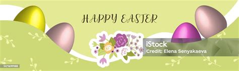 현실적인 여러 가지 빛깔의 빛깔로 장식된 계란이 있는 행복한 부활절 글자 배경 벡터 일러스트 레이 션 웹 배너 인사말 카드 프로모션 포스터 전단지 3차원 형태에 대한 스톡