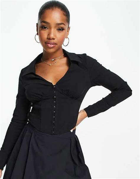 New Look Long Sleeve Corset Shirt In Black Asos