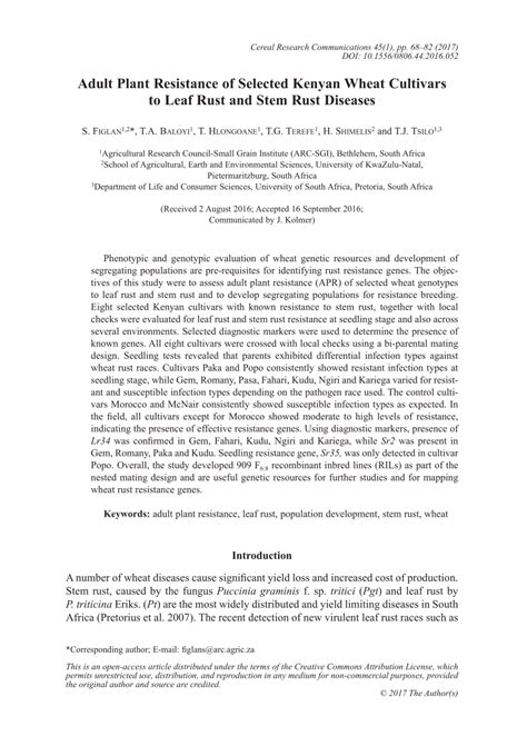 Pdf Adult Plant Resistance Of Selected Kenyan Wheat Cultivars To Leaf