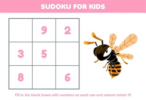 아이들을 위한 교육 게임 아이들을 위한 수도쿠 귀여운 만화 ⁇ 벌을 도와 올바른 숫자로 상자를 채우기 인쇄 가능한 버그 워크시트 프리미엄 벡터