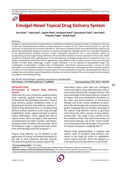 Pdf Emulgel Novel Topical Drug Delivery System Emulgel Novel Topical