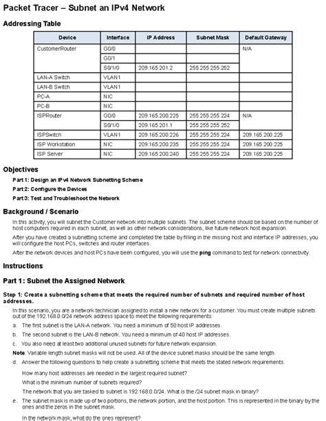 Addressing Table Tsek Packet Tracer Subnet An Ipv4 Network