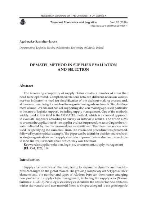 Pdf Dematel Method In Supplier Evaluation And Selection