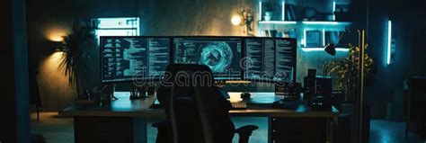 Futuristic Home Office Setup With Multiple Monitors Displaying Code And Data Illuminated By