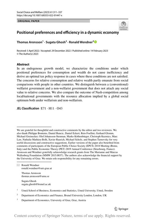 Pdf Positional Preferences And Efficiency In A Dynamic Economy