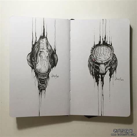 欧美铁血战士与异形纹身图案