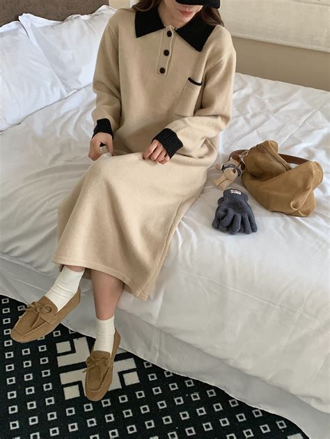 겨울의 매력 포근한 느낌의 여성스러운 니트 롱원피스 따듯한 우아한 여자 원피스 여상 가을 겨울 단아한 봄 코디 20대 30대 40대 캐주얼 올매치 카라 스웨터 루즈핏