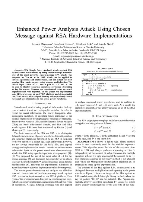 Pdf Enhanced Power Analysis Attack Using Chosen Message Against Rsa