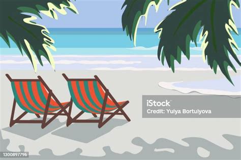 야자수와 2 개의 일광욕 라운저가있는 풍경 열대 해안 해안 은 맑은 날 파도 모래 하늘 바다 휴가 이국적인 만화 플랫 벡터 일러스트 0명에 대한 스톡 벡터 아트 및 기타