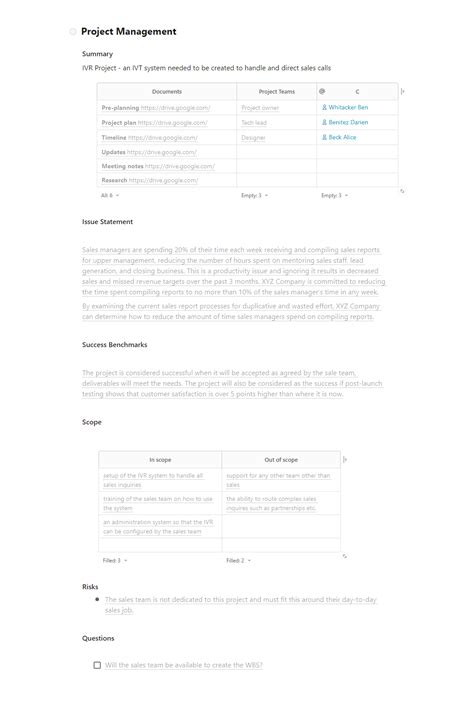 Project Management Template Fusebase
