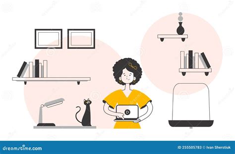 girl holds a laptop and presses play vector line art style stock vector illustration of
