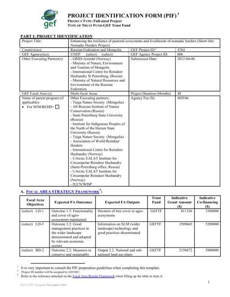 Project Identification Form Pif Global Environment Facility