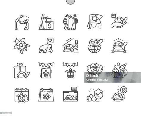 세계 거북이 날 잘 만들어진 픽셀 완벽한 벡터 얇은 라인 아이콘 30 웹 그래픽 및 응용 프로그램을위한 그리드 2x 간단한