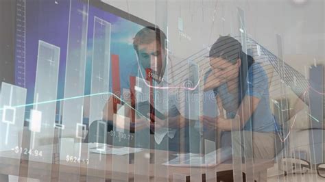 Animation Of Multiple Graphs And Screen Over Caucasian Couple Checking