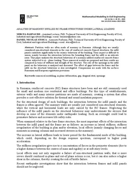 20666934 Mathematical Modelling In Civil Engineering Analysis Of Masonry Infilled Rc Frame