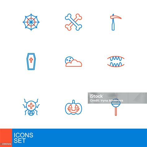 막대 사탕 호박 거미 뱀파이어 이빨 기독교 십자가 달과 별 낫과 교차된 뼈 아이콘이 있는 관을 설정합니다 벡터 10월에 대한 스톡 벡터 아트 및 기타 이미지 Istock