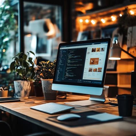 Modern Desktop Workspace With A Computer Displaying Code A Keyboard A