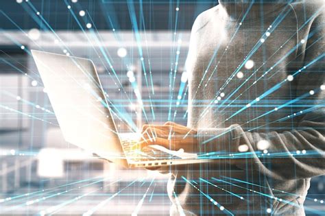 Premium Photo Hacker Using Laptop With Creative Linear Matrix