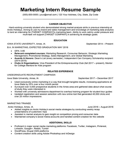 Marketing Intern Resume Sample And Writing Tips Resume Companion