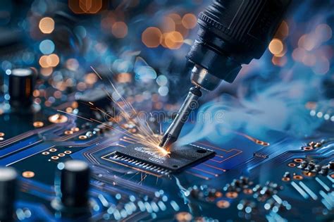 Soldering Iron In Action Over A Blue Circuit Board Stock Image Image Of Tools Technology
