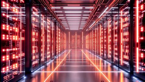 Stunning Red Lit Server Room Corridor Data Center Image Stock Illustration Illustration Of