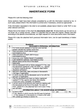 Fillable Online Inheritance Form Studio Legale Metta Fax Email Print PdfFiller