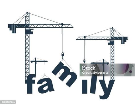 건설 크레인은 가족 단어 벡터 개념 디자인 진행 중인 개발의 레터링 비유와 개념적 일러스트레이션 관계의 세련된 은유를 구축합니다